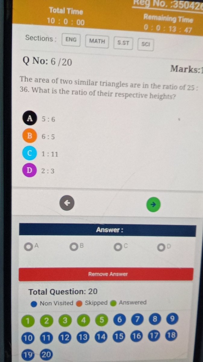 The area of two similar triangles are in the ratio of 25:36. What is the