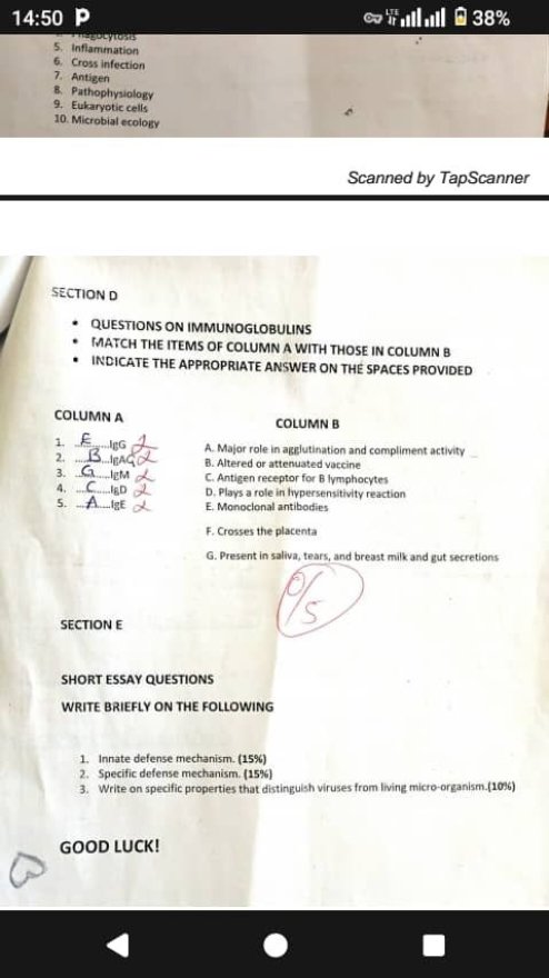 SECTION D QUESTIONS ON IMMUNOGLOBULINS MATCH THE ITEMS OF COLUMN A WITH