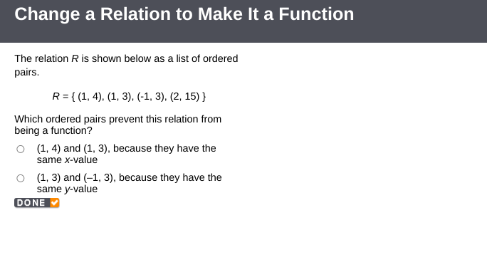 The relation R is shown below as a list of ordered pairs. R = { (1, 4),..