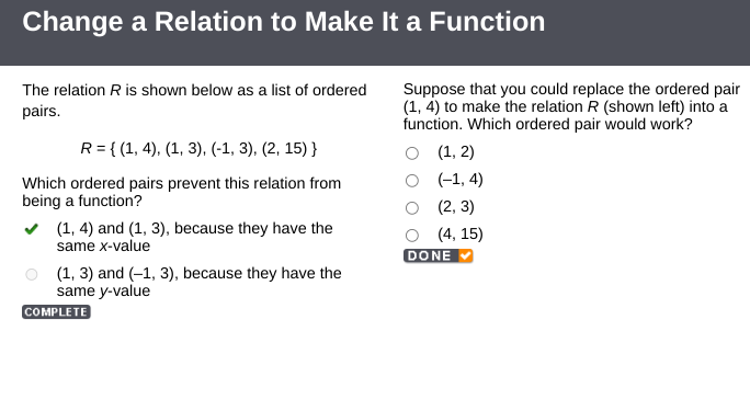 The relation R is shown below as a list of ordered pairs. R = { (1, 4),..