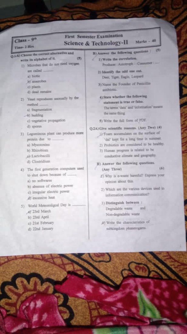 Class - 9th First Semester Examination Science & Technology-II Time - 2 H..
