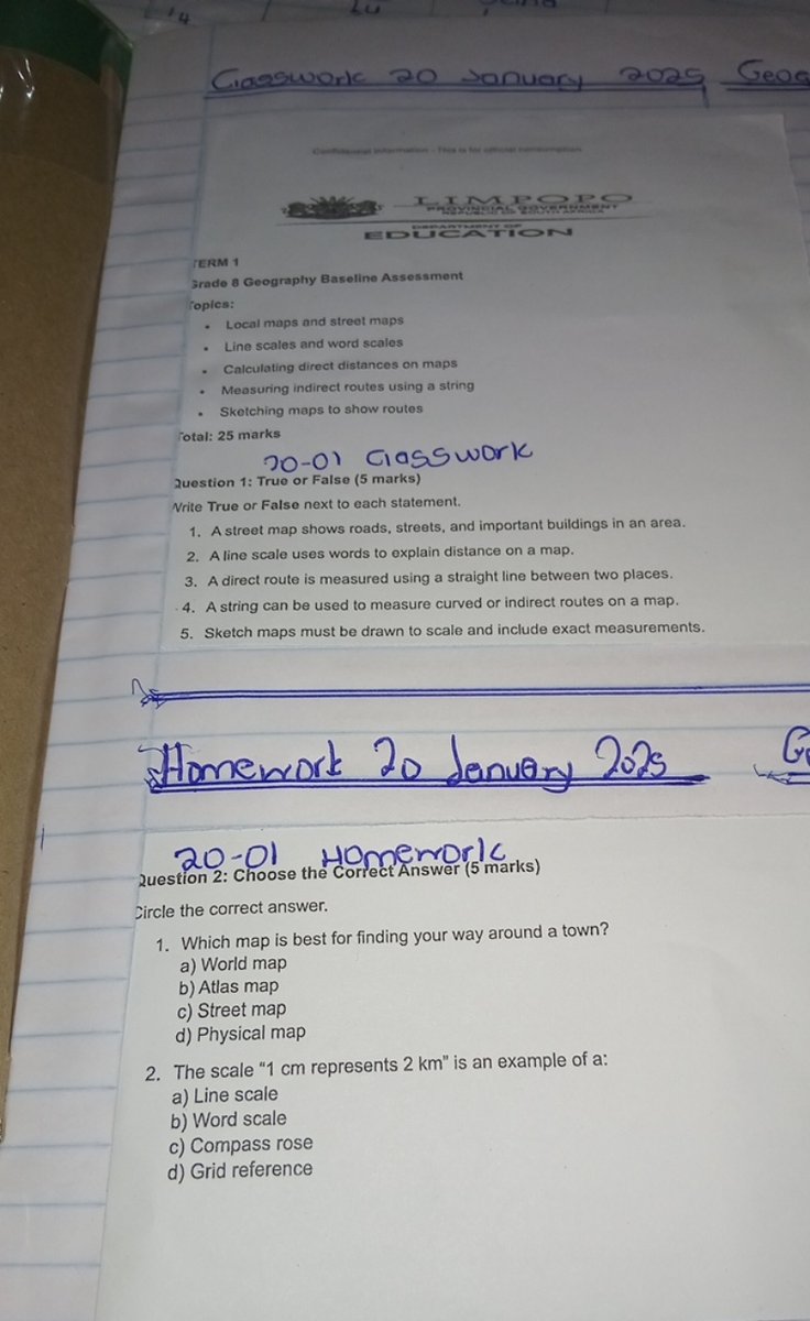 Grade 8 Geography Baseline Assessment Topics: Local maps and street maps..