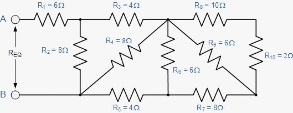 The image shows a complex resistor circuit with 10 resistors (R1 to R10)