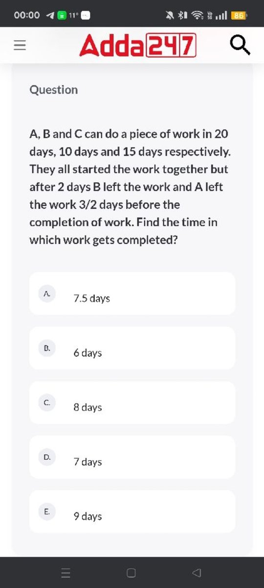 A, B and C can do a piece of work in 20 days, 10 days and 15 days respect..