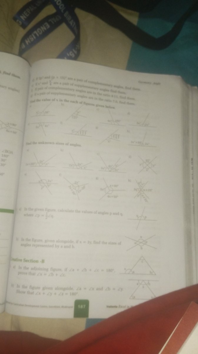 Find the unknown sizes of angles in the given diagrams. In the given fig..