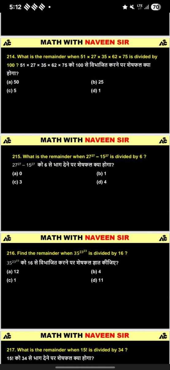 What is the remainder when 51 x 27 x 35 x 62 x 75 is divided by 100? 51 x..
