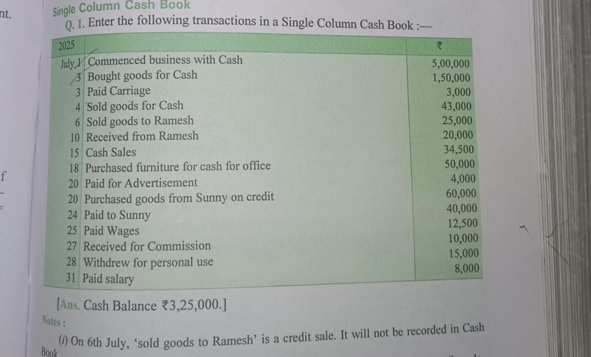 Enter the following transactions in a Single Column Cash Book: 2025 Jul..
