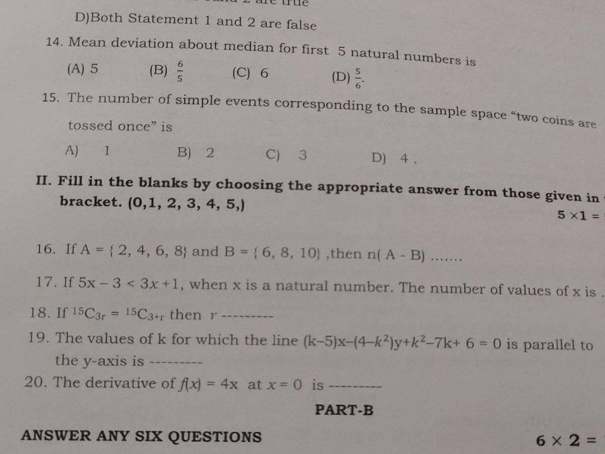 Mean deviation about median for first 5 natural numbers is (A) 5 (B) 6/5