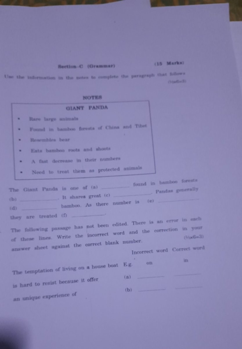 Section-C (Grammar) (15 Marks) Use the information in the notes to comple..