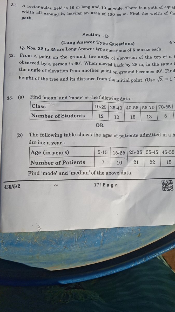 (a) Find 'mean' and 'mode' of the following data: | Class | 10..