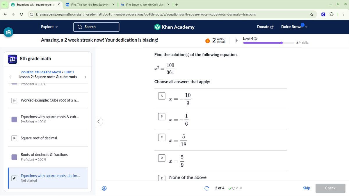 Find the solution(s) of the following equation. x^2 = \frac{100}{361} C..