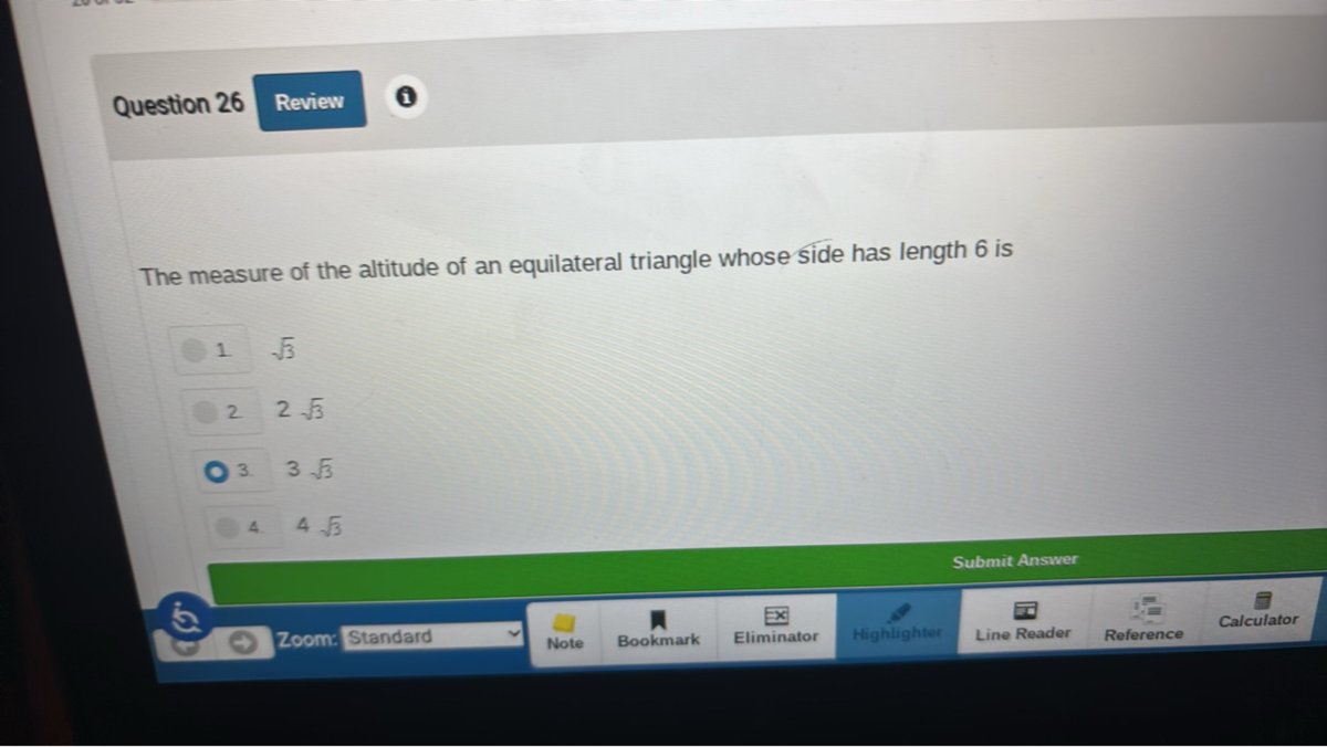 The measure of the altitude of an equilateral triangle whose side has len..