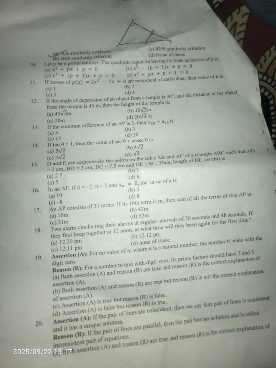 Here are multiple-choice questions from a mathematics paper: Question 10..