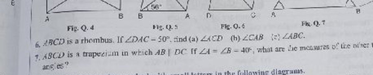 ABCD is a rhombus. If ∠DAC = 50°, find (a) ∠ACD (b) ∠CAB (c) ∠ABC. ABCD i..