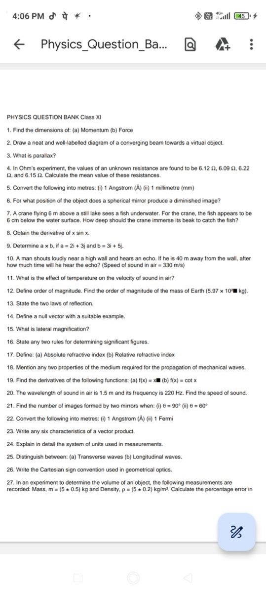 PHYSICS QUESTION BANK Class XI Find the dimensions of: (a) Momentum (b)