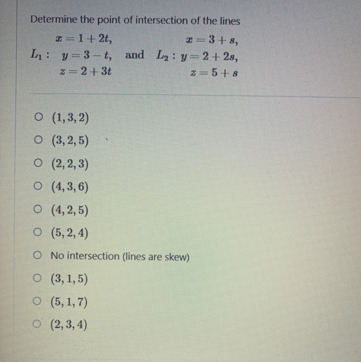 Determine the point of intersection of the lines L_1: \quad x = 1 + 2t,