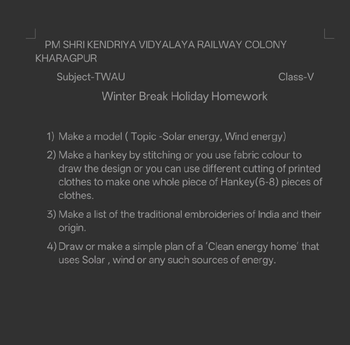 PM SHRI KENDRIYA VIDYALAYA RAILWAY COLONY KHARAGPUR Subject-TWAU Class-V