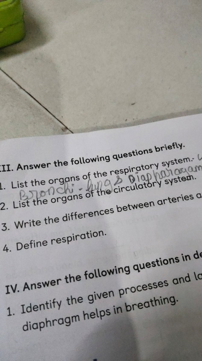 III. Answer the following questions briefly. List the organs of the respi..