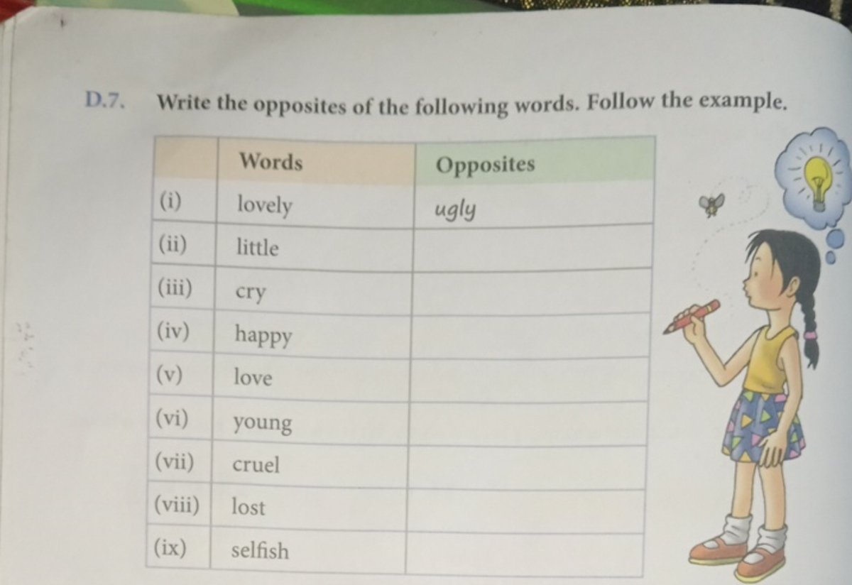 D.7. Write the opposites of the following words. Follow the example. | W..