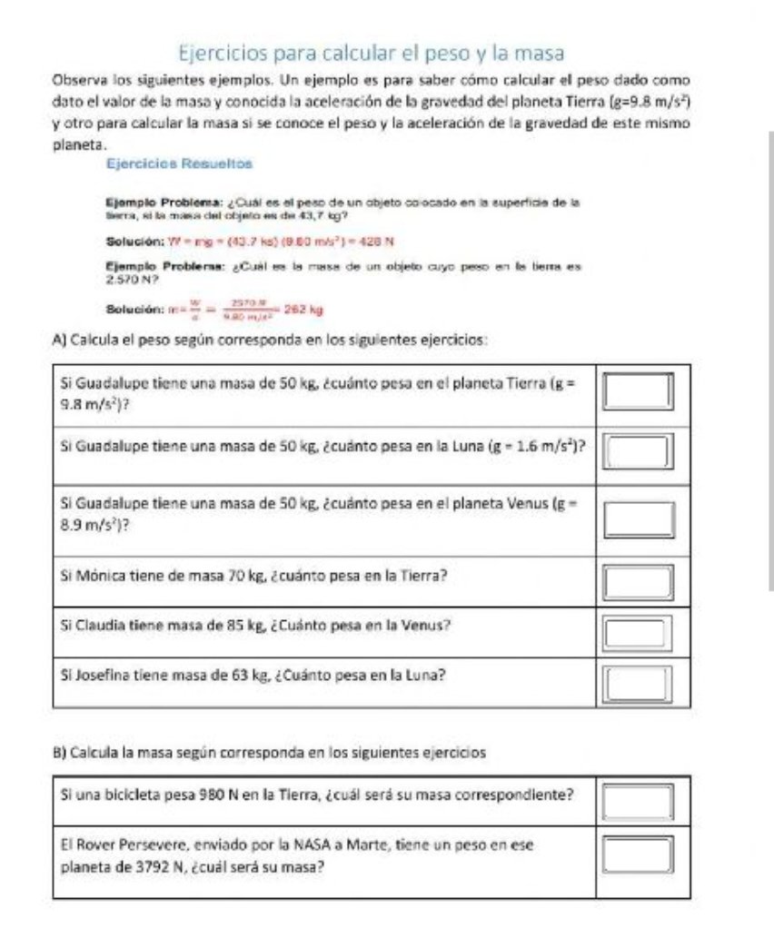 Ejercicios para calcular el peso y la masa Observa los siguientes ejempl..