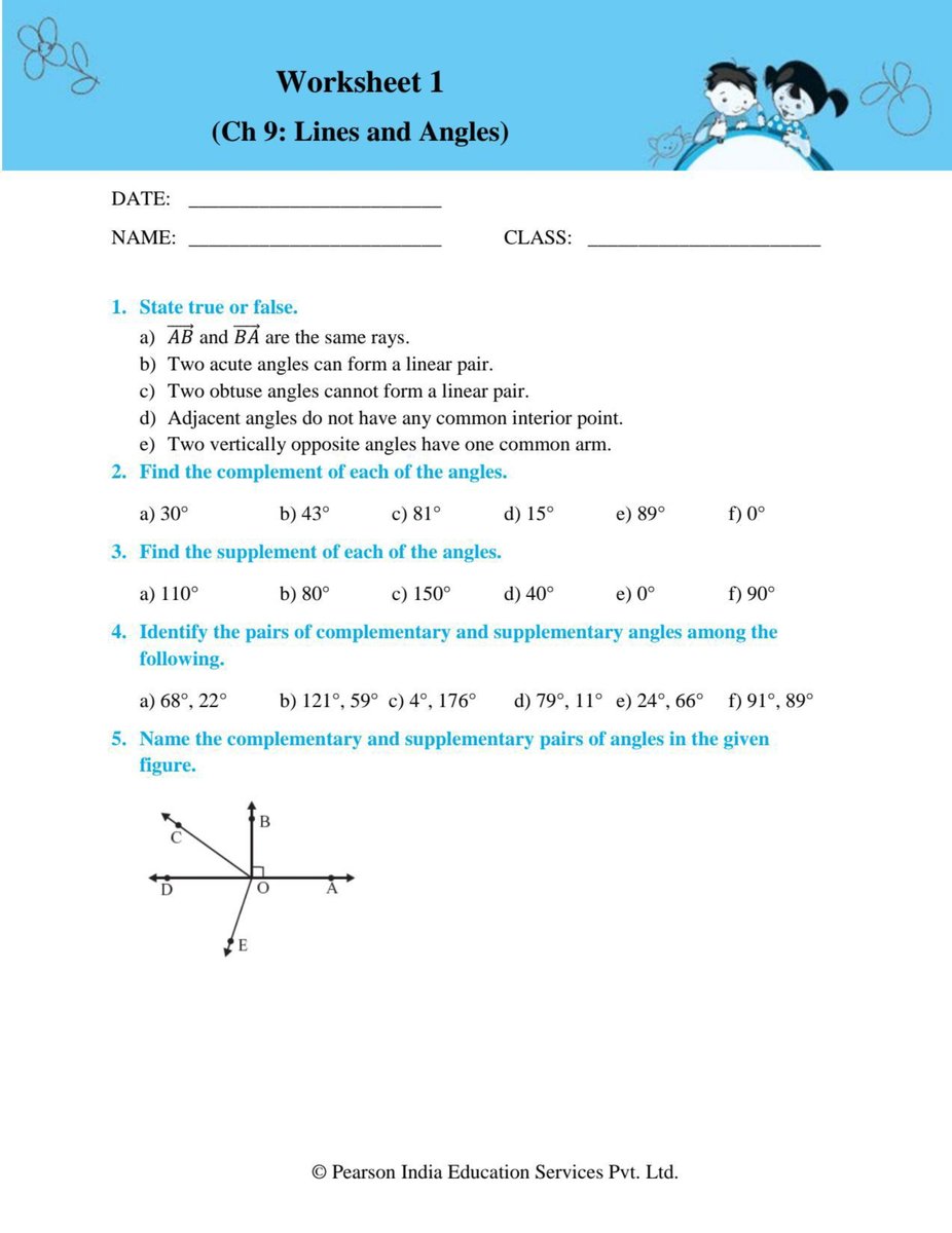 Worksheet 1 (Ch 9: Lines and Angles) State true or false. a) \vec{AB} an..