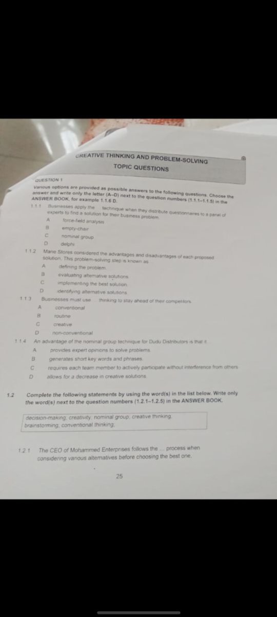 CREATIVE THINKING AND PROBLEM-SOLVING TOPIC QUESTIONS QUESTION 1 Various..