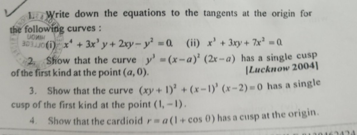 Write down the equations to the tangents at the origin for the following