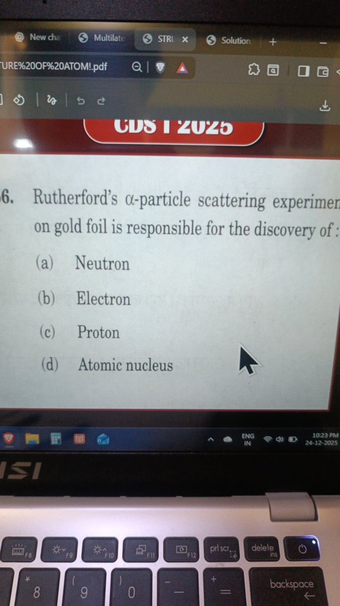 Rutherford's α-particle scattering experiment on gold foil is responsible..