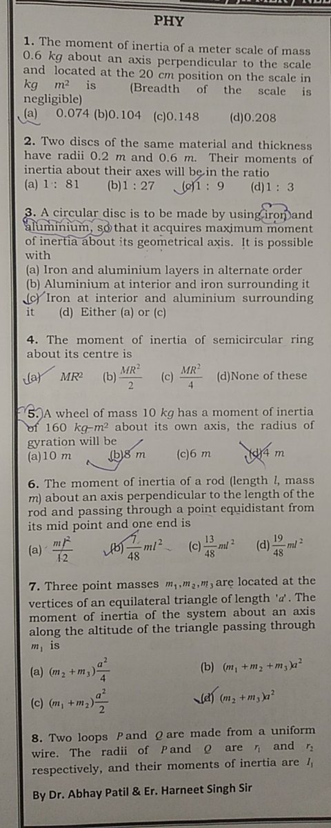 The moment of inertia of a meter scale of mass 0.6 kg about an axis perpe..