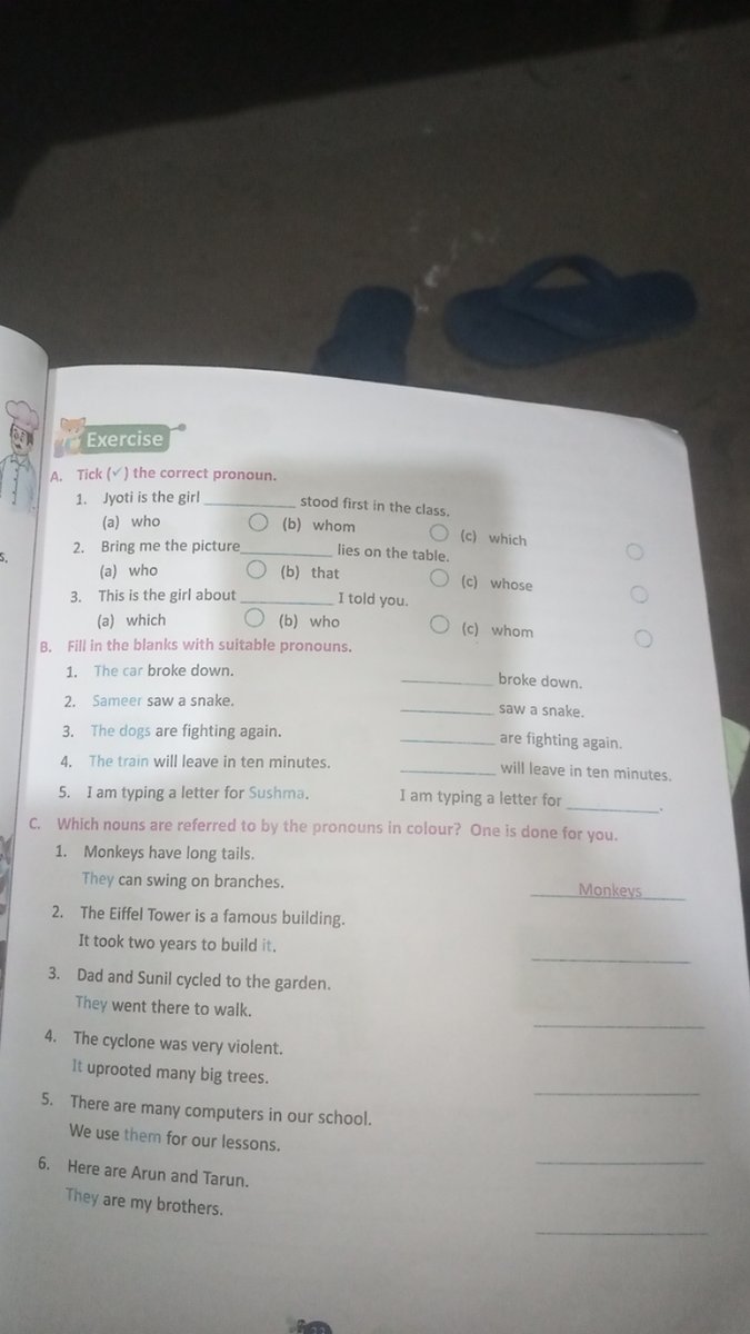 Exercise A. Tick ( ) the correct pronoun. Jyoti is the girl __ stood fi..