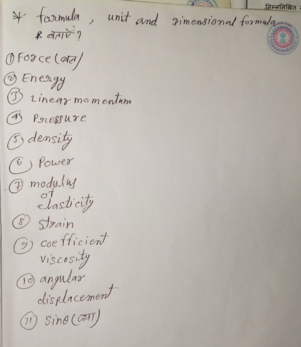 Provide the formula, unit, and dimensional formula for the following: Fo..