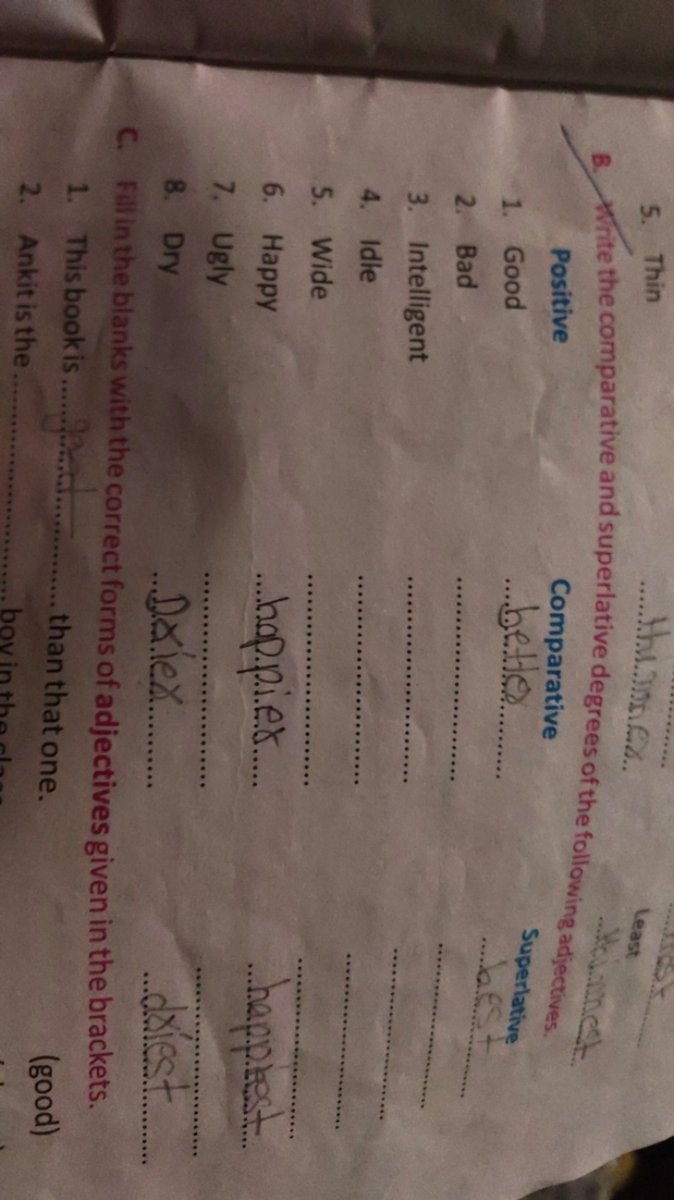 B. Write the comparative and superlative degrees of the following adjecti..