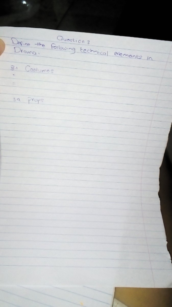 Question 3 Define the following technical elements in Drama: 3.1 Costumes..