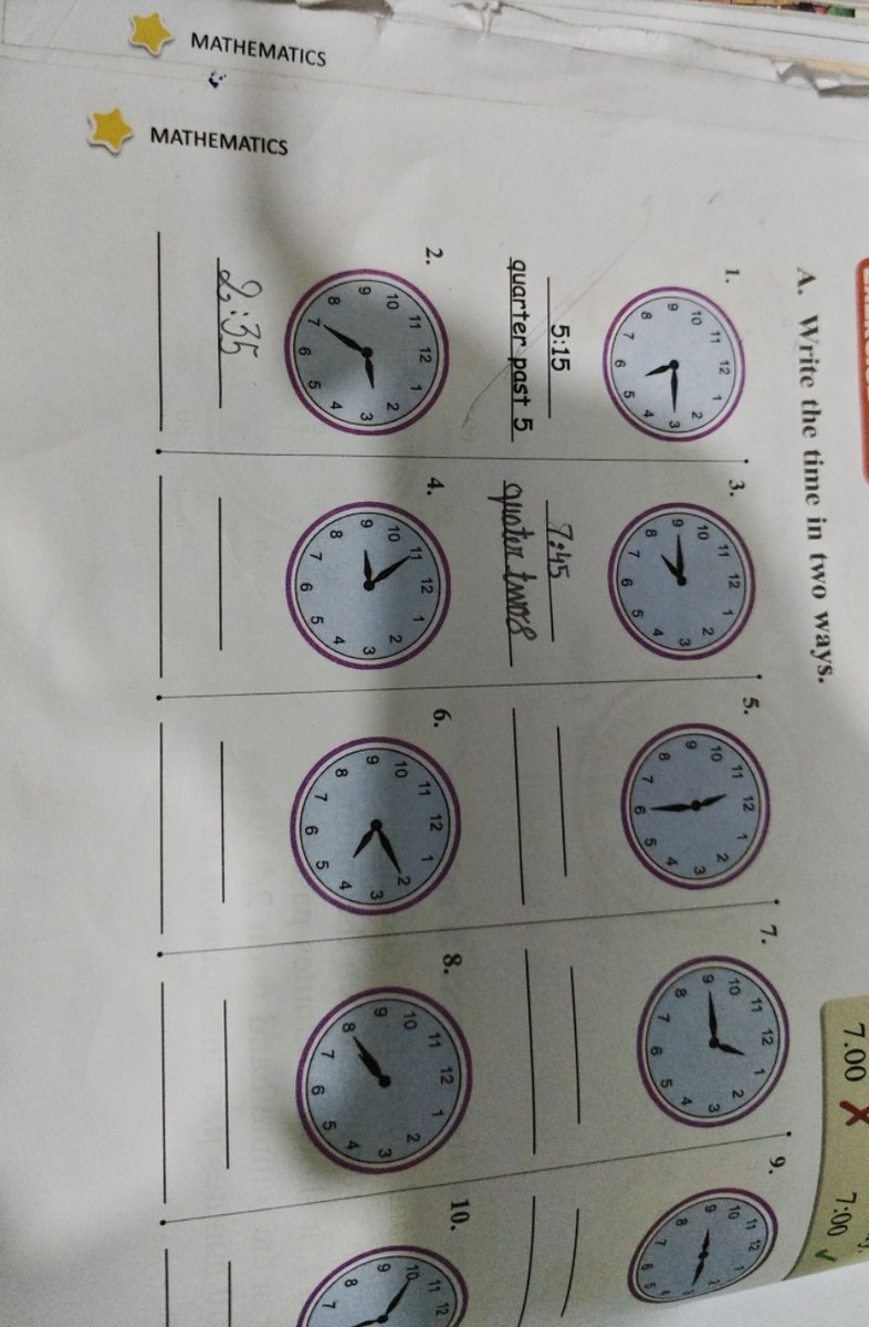 A. Write the time in two ways. Image of a clock showing 5:15 Image of a