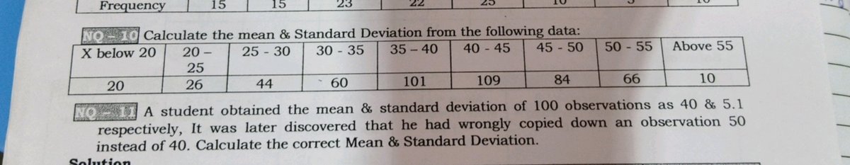 NO-10 Calculate the mean & Standard Deviation from the following data: