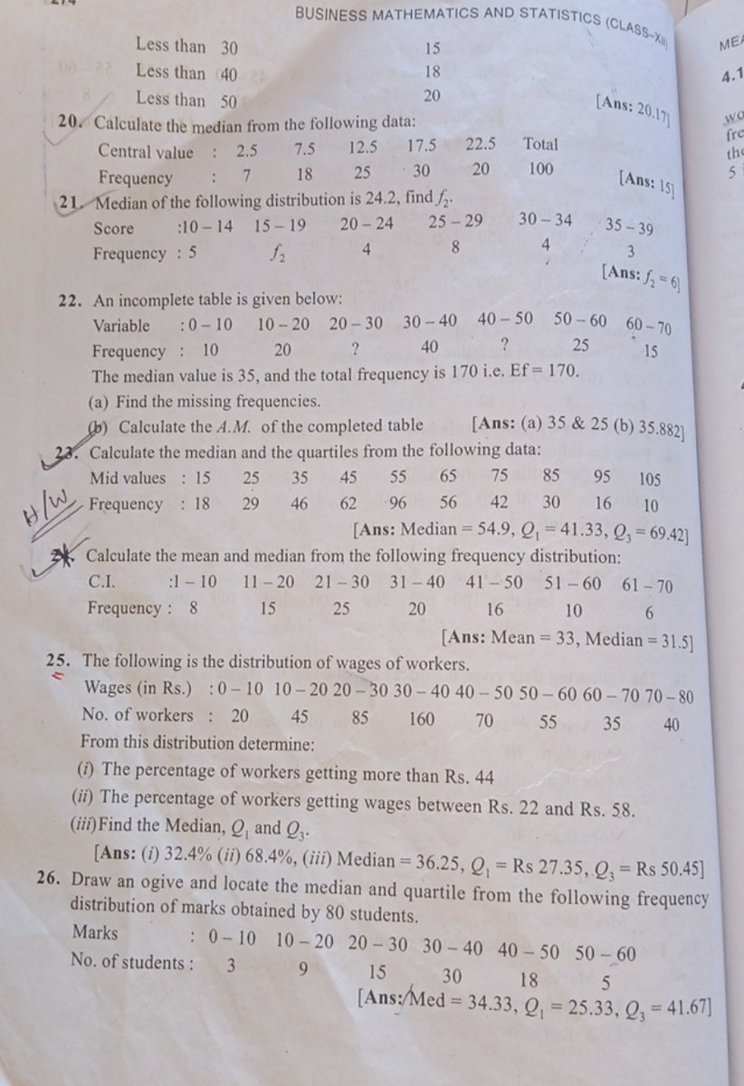Draw an ogive and locate the median and quartile from the following frequ..