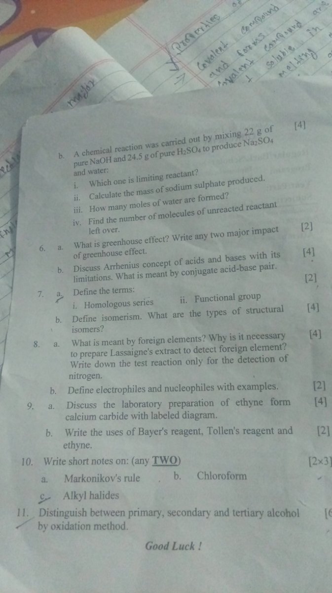 b. A chemical reaction was carried out by mixing 22 g of pure NaOH and 24..