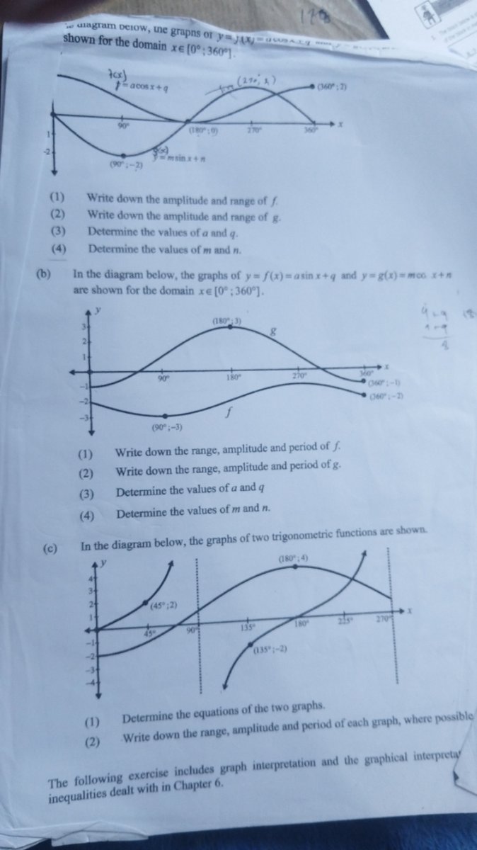 Here are three sets of questions related to trigonometric graphs: (a) In..