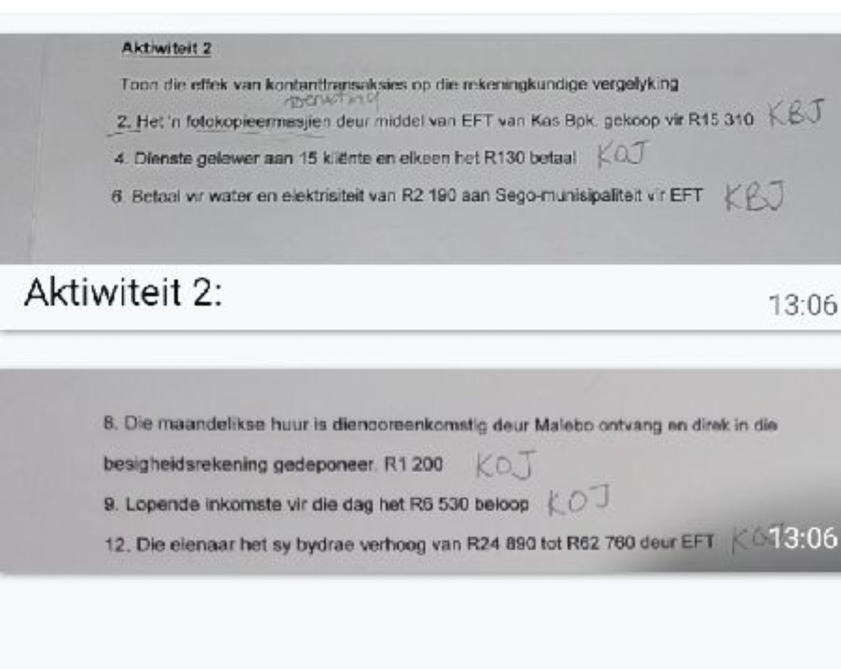 Aktiwiteit 2: Toon die effek van kontanttransaksies op die rekeningkundi..
