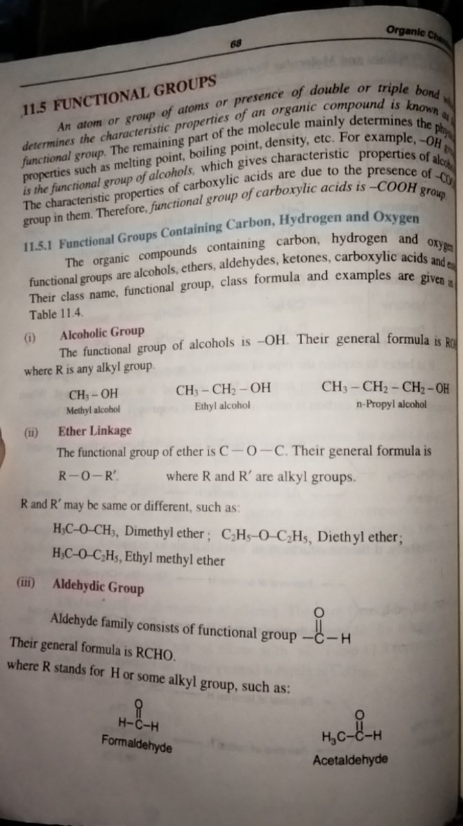 Explain the concept of functional groups with examples of alcohols, ether..