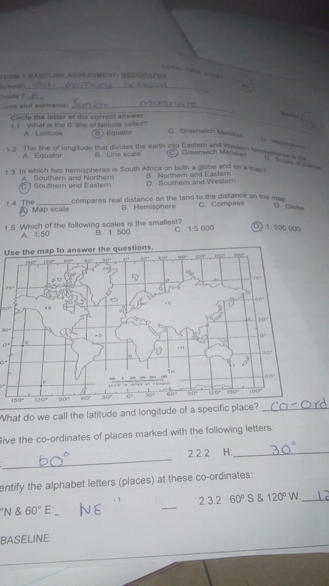 TERM 1 BASELINE ASSESSMENT: GEOGRAPHY School: Odi Primary School Grade 7