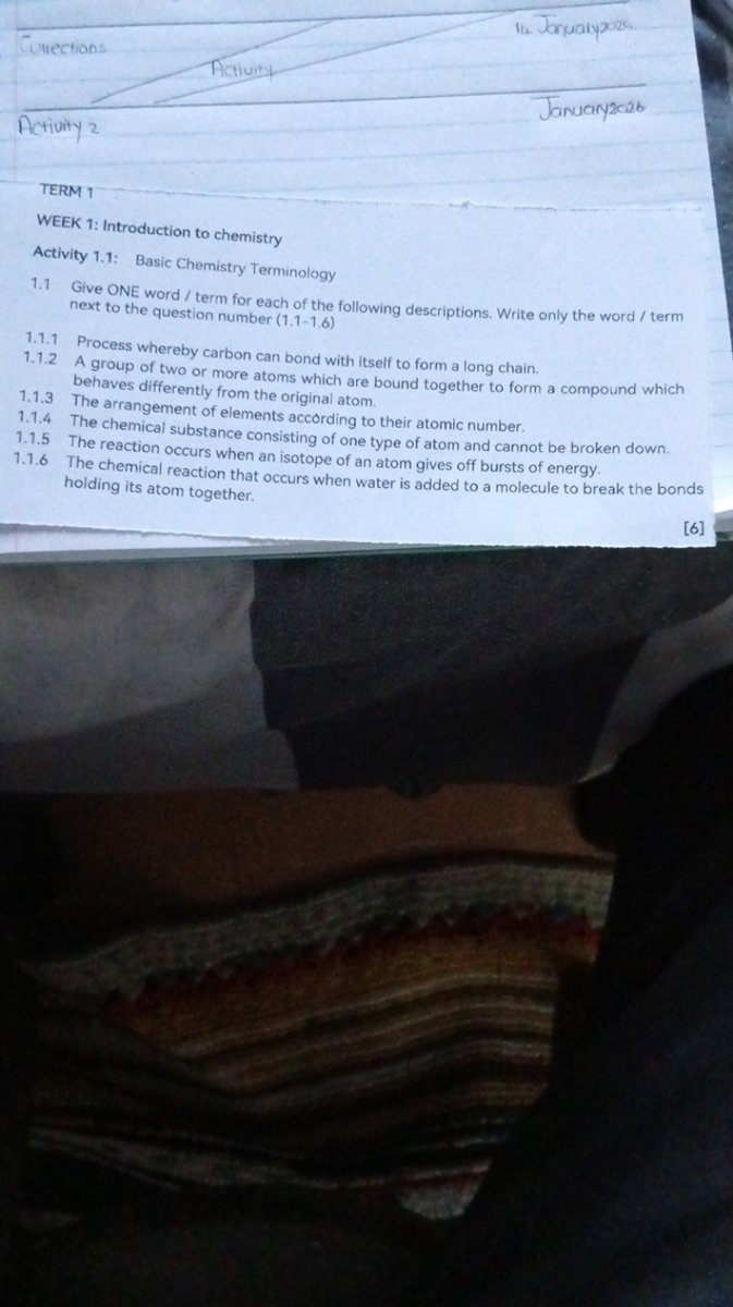 TERM 1 WEEK 1: Introduction to chemistry Activity 1.1: Basic Chemistry Te..