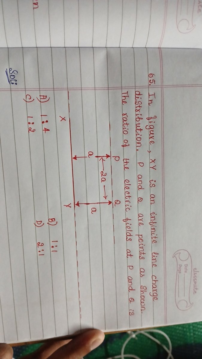 In figure, XY is an infinite line charge distribution. P and Q are points..