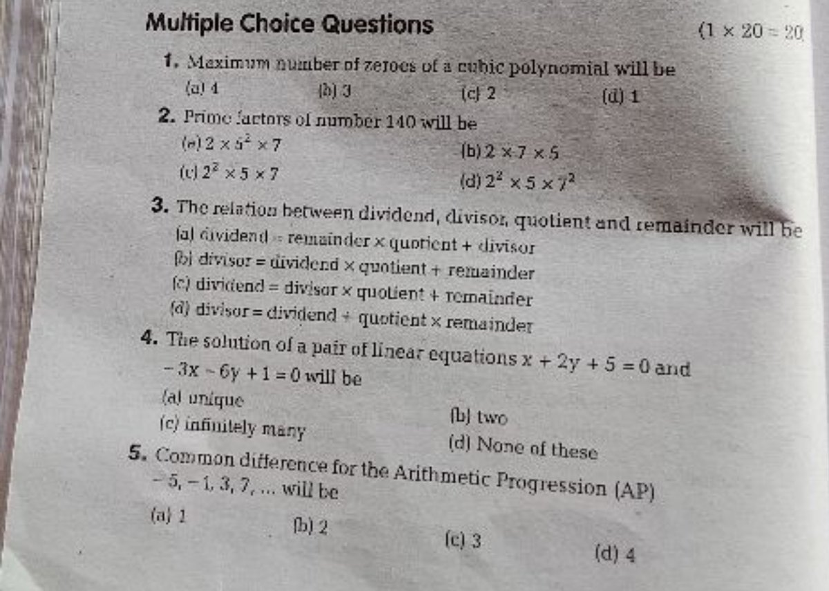 Multiple Choice Questions Maximum number of zeroes of a cubic polynomial..