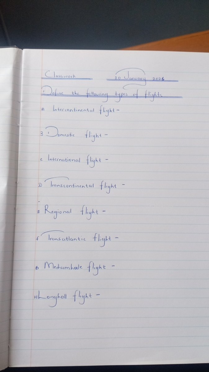 Classwork 20 January 2026 Define the following types of flights: A. Inter..