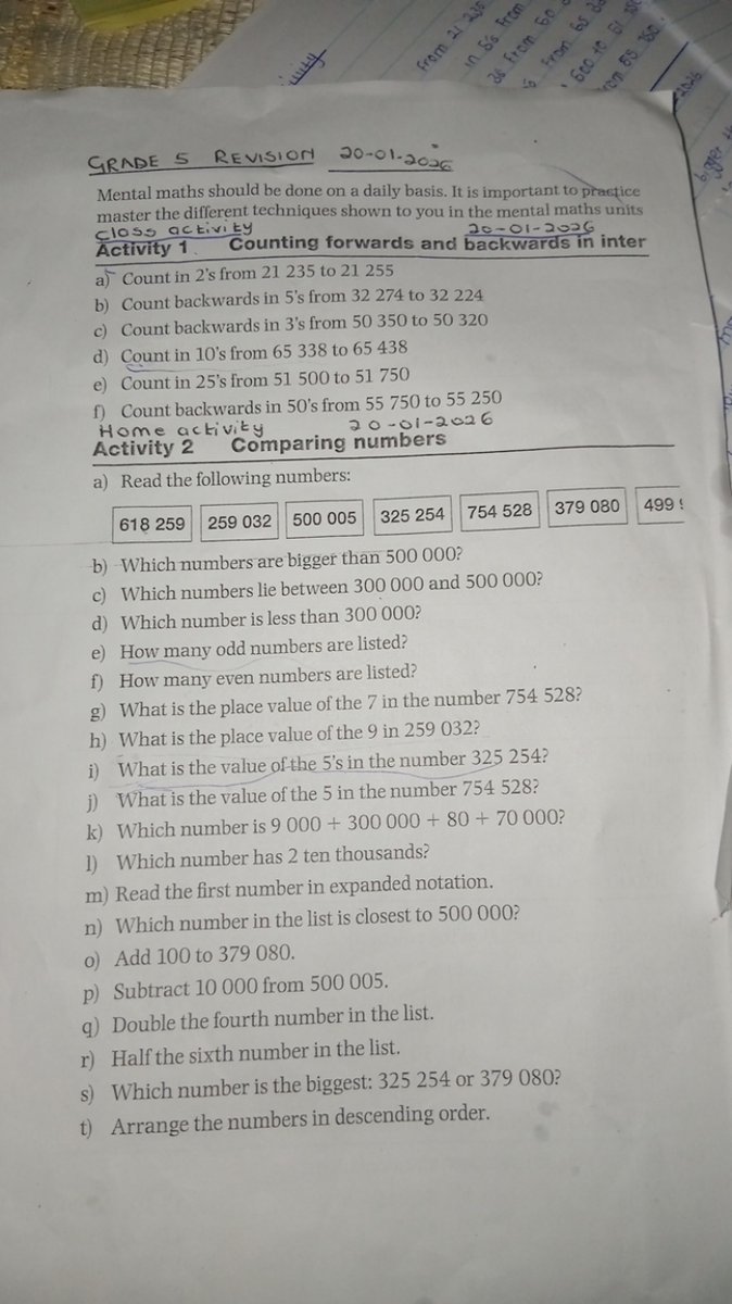 GRADE 5 REVISION 20-01-2026 Mental maths should be done on a daily basis...