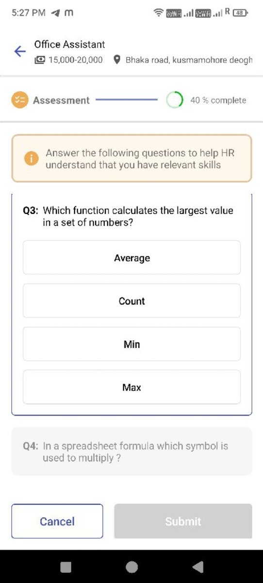 Q3: Which function calculates the largest value in a set of numbers? Opt..
