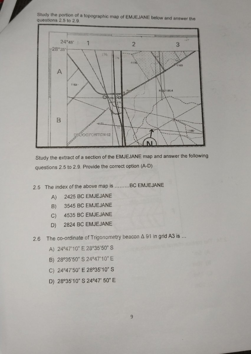 Study the portion of a topographic map of EMJEJANE below and answer the q..