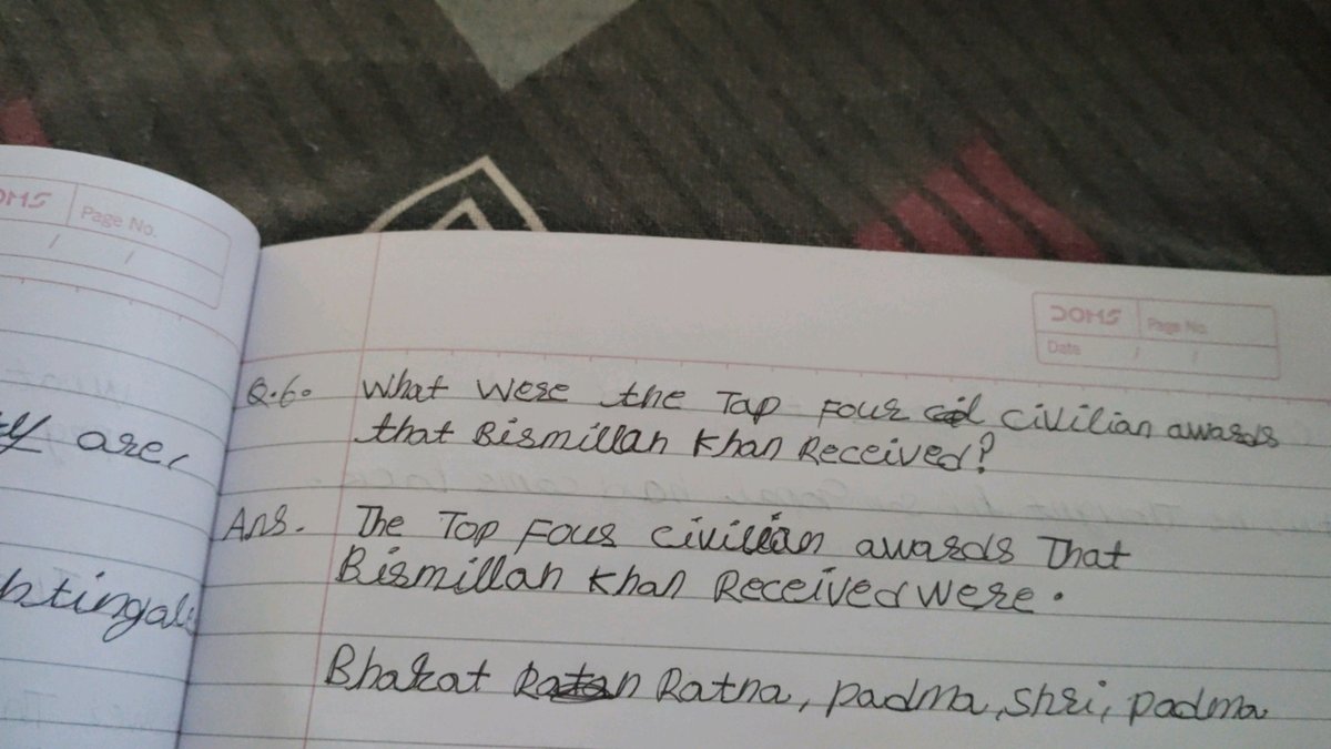 Q.6. What were the Top Four civilian awards that Bismillah Khan Received?..
