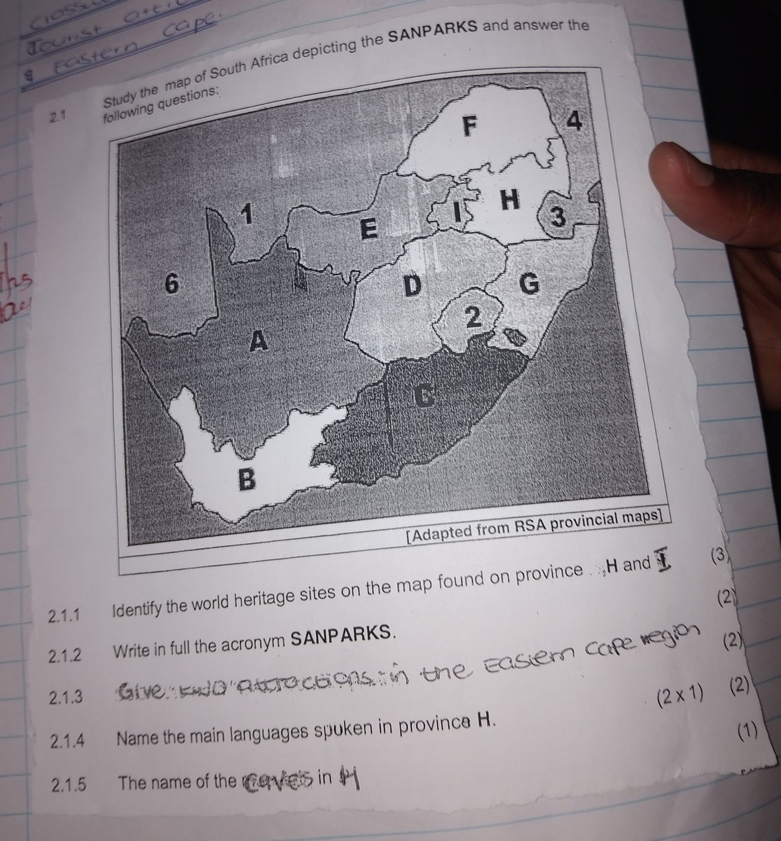 2.1 Study the map of South Africa depicting the SANPARKS and answer the f..